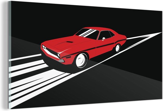 Glasschilderij - tekening van een rode muscle auto op een zwarte ...