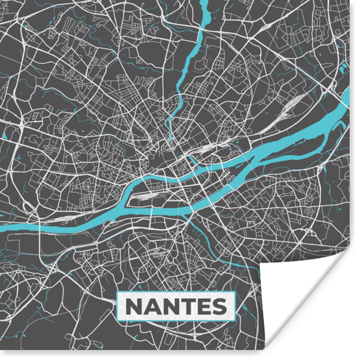 Poster Kaart - Plattegrond - Stadskaart - Nantes - Frankrijk - 30x30 cm ...