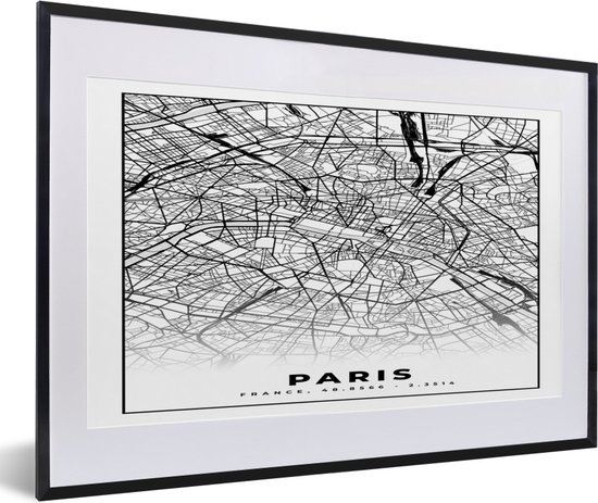 Fotolijst incl. Poster Zwart Wit- Kaart - Paris - Plattegrond - Parijs ...