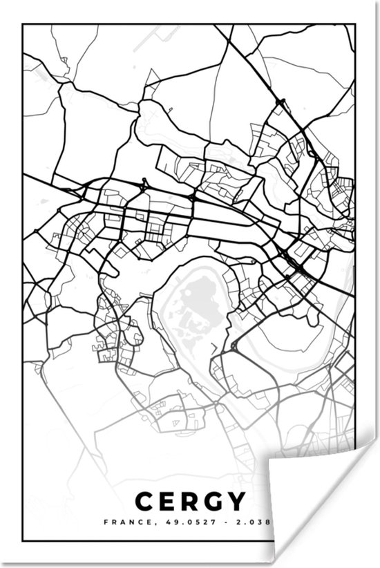Poster Frankrijk - Kaart - Cergy - Plattegrond - Stadskaart - Zwart wit ...