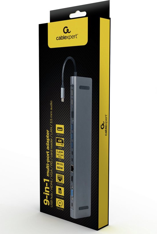 USB Hub GEMBIRD A-CM-COMBO9-01 Grey | bol