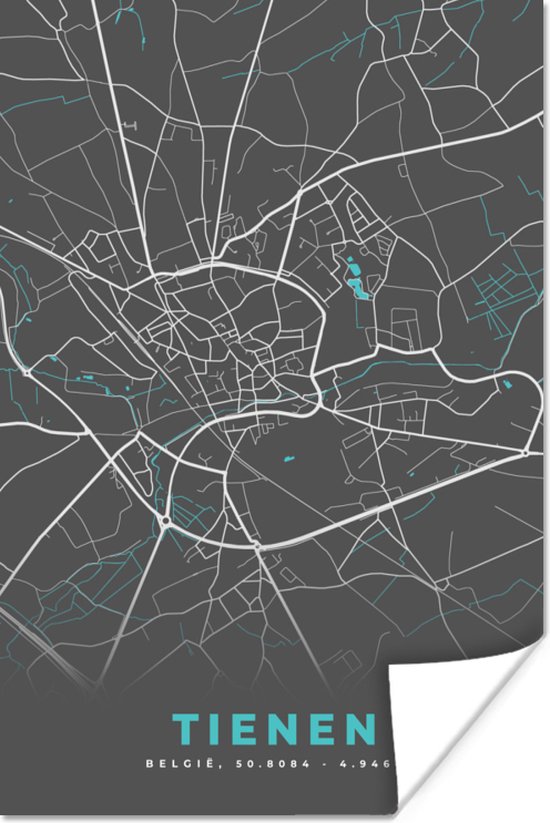 Poster Stadskaart – Grijs - Kaart – Tienen – België – Plattegrond ...