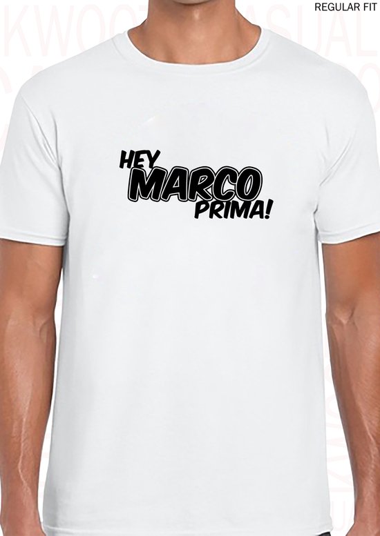 HEY MARCO PRIMA! herenshirt – Maat S - Wit - Korte mouwen - Ronde hals ...
