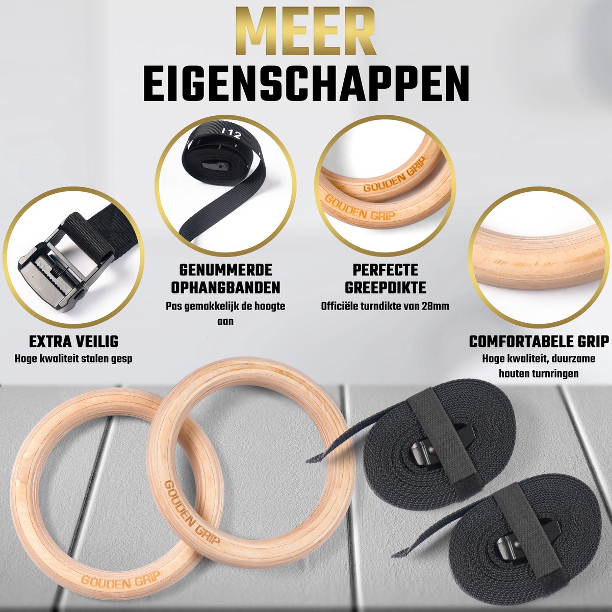 Gouden Grip Turnringen Met Ophangbanden + GRATIS Liquid Chalk - Fitness ...