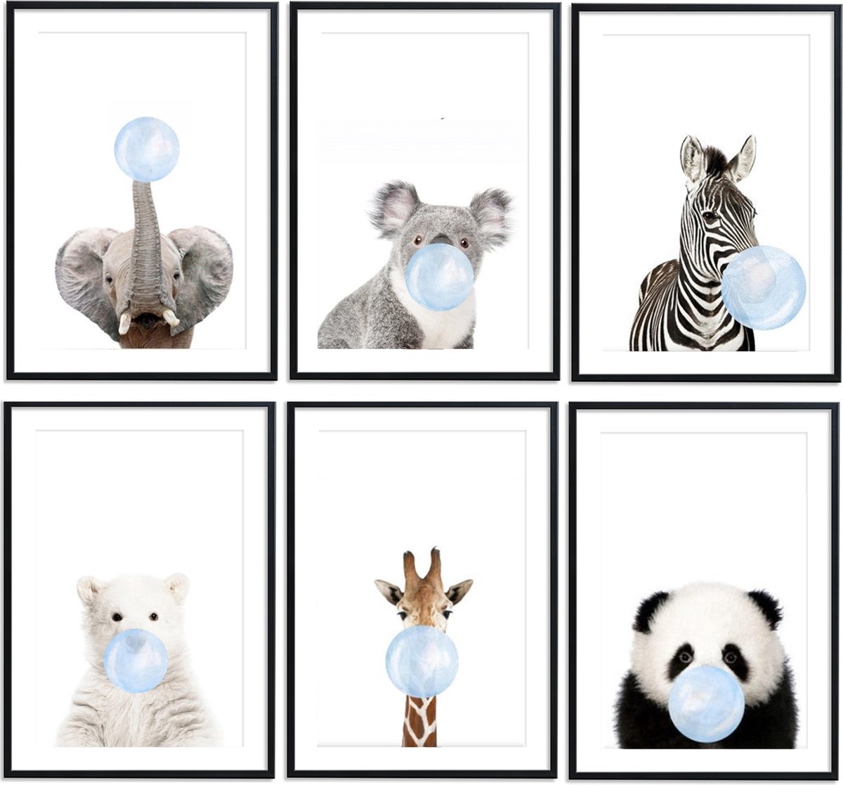 Babykamer/kinderkamer dieren posters - 6 stuks - 30x40 cm - Blauwe ...