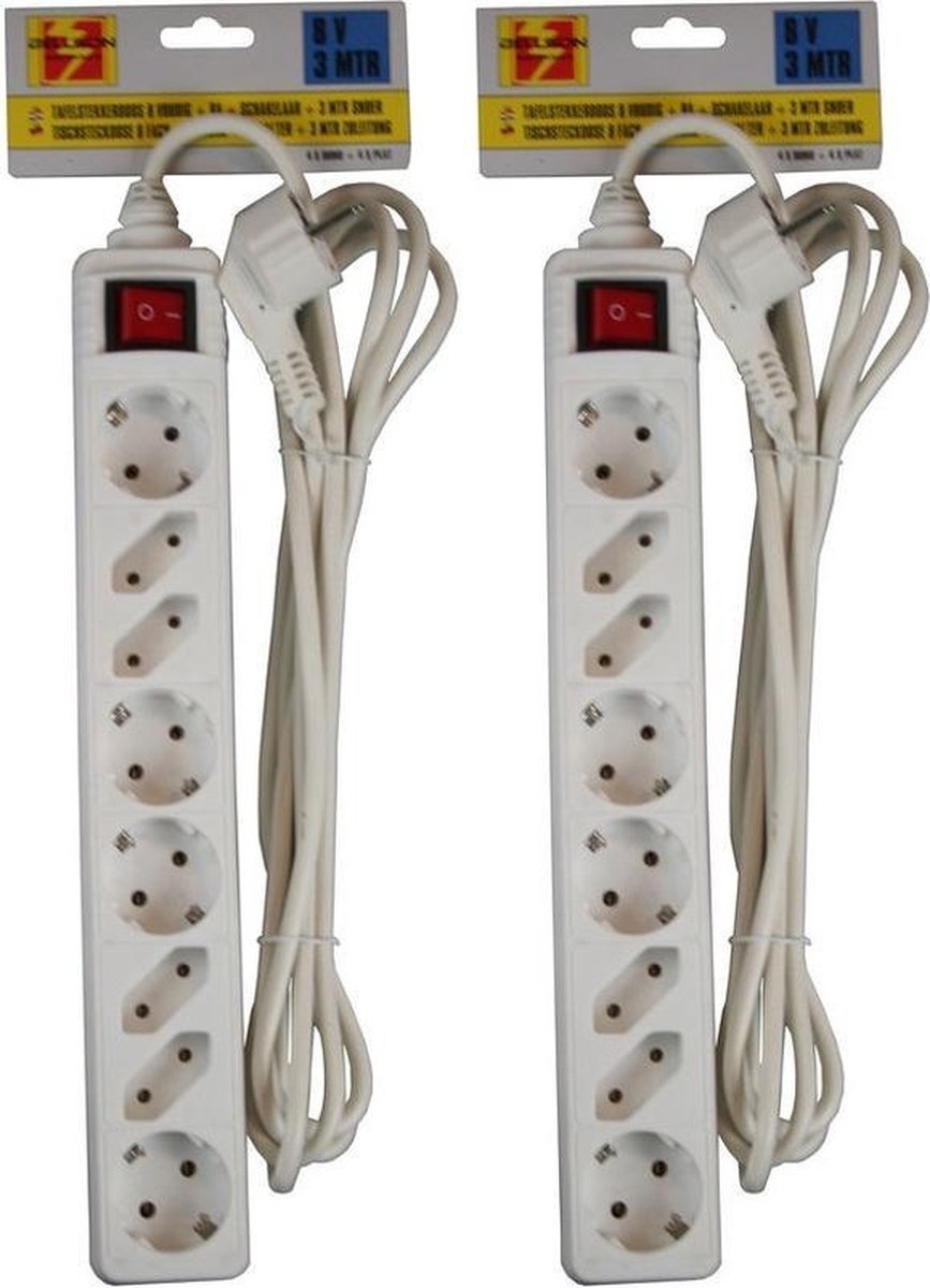 2x Stekkerdozen 8-voudig wit - 3 meter - Voor 4 platte en 4 ronde ...