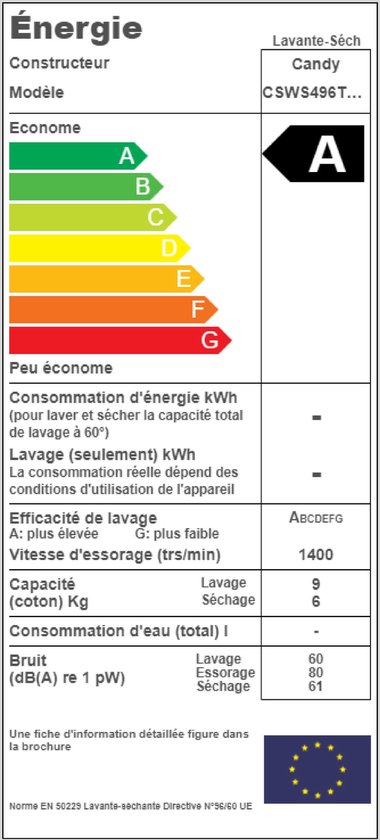 CANDY CSWS 496TR Wasmachine voor - 9 kg / 6 kg - 1400 tpm - Klasse A ...