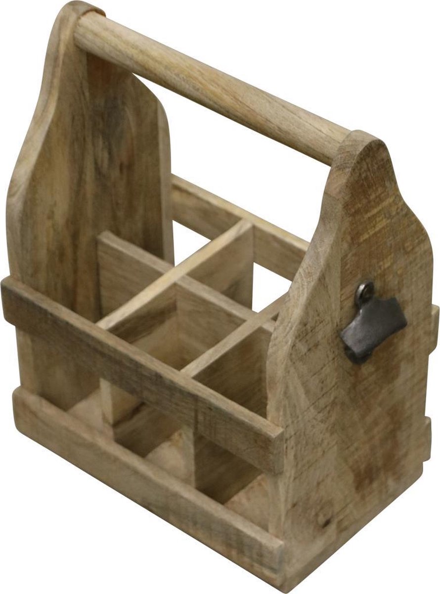 Raw Materials Vintage Mangowood Flessenkrat met opener - 6 vakken ...