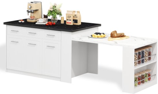 Gotagee Multifunctioneel kookeiland met 150cm+96cm, witte uitschuifbare ...