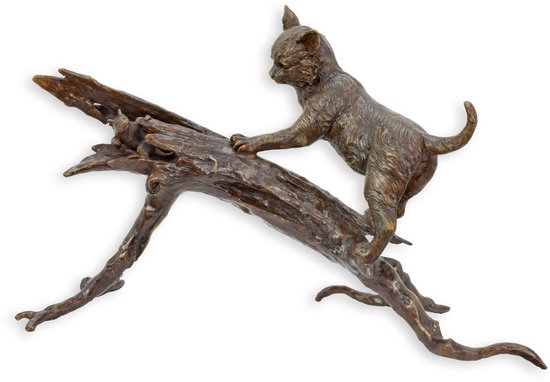 Bronzen beeld - kat en muis op tak - sculptuur - 49 cm hoog | bol