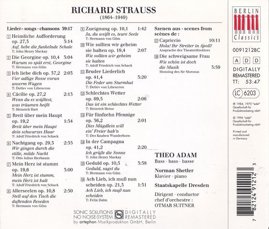 Lieder - Richard Strauss - Theo Adam (bas), Norman Shetler (piano ...