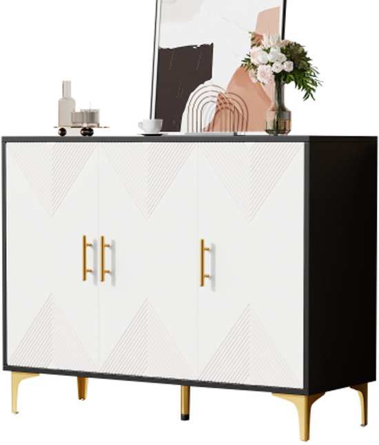 Gotagee Dressoir met witte mat gestreepte deuren, gouden handgrepen en ...