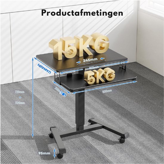 Mobiel Bureau met 4 Wielen - In Hoogte Verstelbaar Werkstation 65x45 cm Laptoptafel... | bol