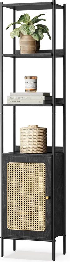 Boho Stijl Zwarte Kast 6-niveau Plank 1 Rotan Deur Beige Eiken-Parelwit ...