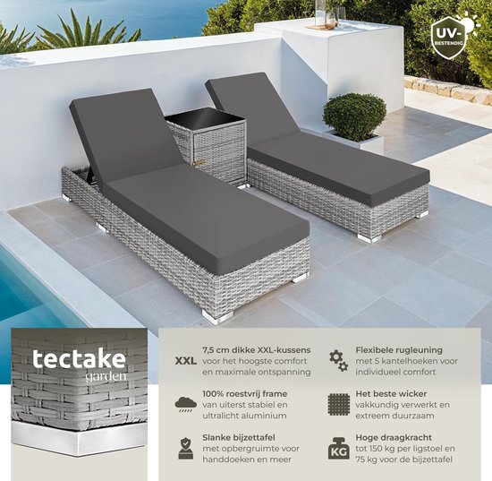 tectake® - 2 Luxe ligbedden - 3-Delige wicker ligbedden set met ...
