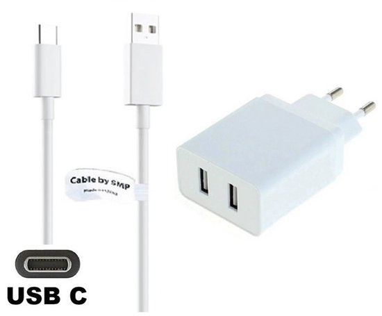 OneOne 2.4A lader met 2 poorten + 1,0m sterke USB C kabel. Oplader adapter past op... | bol