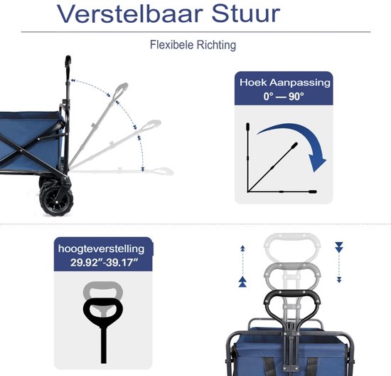 Opvouwbare Bolderkar met Extra Brede Wielen en Rem - Verstelbare Duw- en Trekstang -... | bol