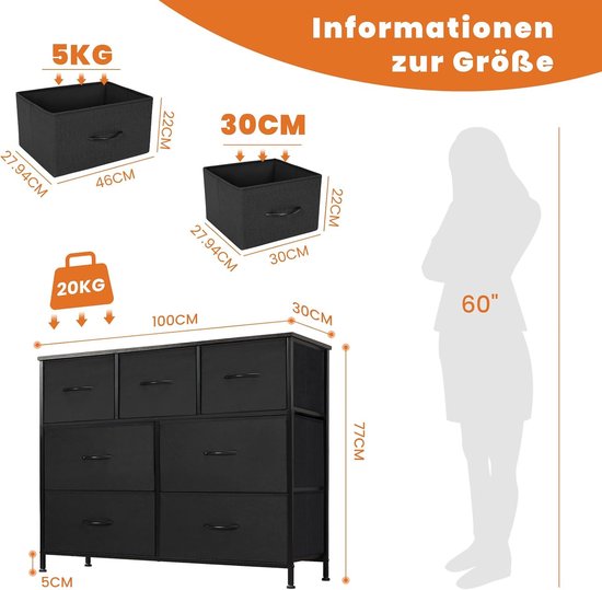 Commode met stoffen laden, sideboard met 7 stoffen laden, ladekast ...