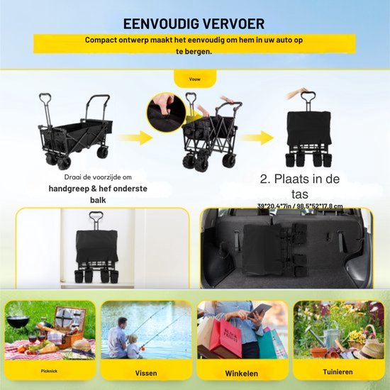 Opvouwbare Bolderkar - 220L Capaciteit - Zwart - Kinderenvervoer ...