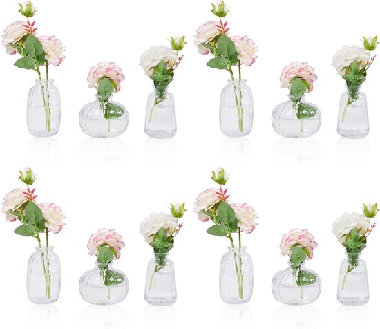 12pcs Mini Glass Vase 3 Styles Small Flower Bud Vase Set for Table ...