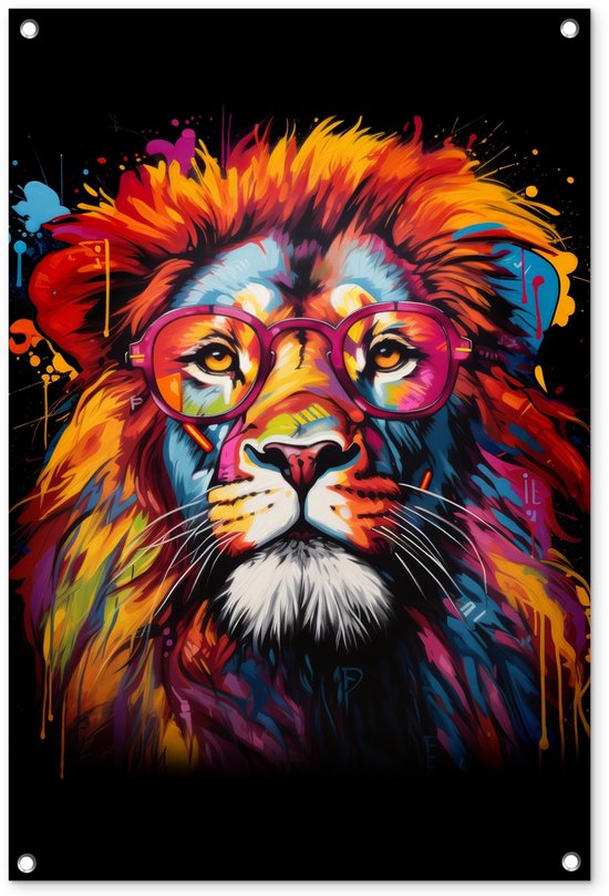 Tuinposter 60x90 cm - Tuindecoratie Graffiti - Leeuw - Bril - Zwart - Kleurrijk -... | bol