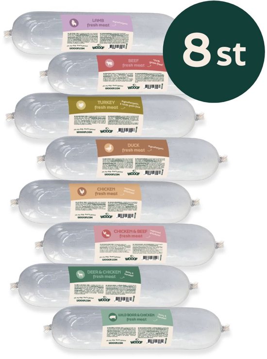 WOOOF Honden worsten Pakket 8 Vers Vlees Worsten – Kip, Rund, Eend, Lam ...