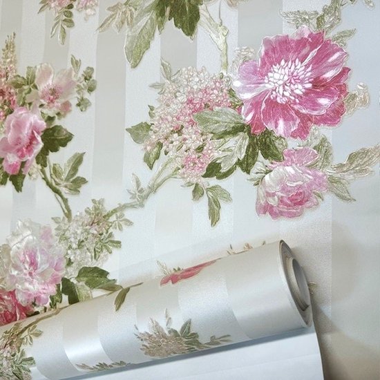Bloemen behang glitter strepen rozen, mooie roosjes glim 30446-4 | bol