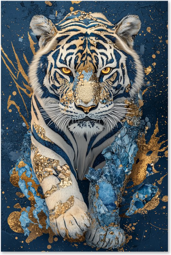Graphic Message - Schilderij op Canvas - Edelsteen Tijger Lopend - Blauw Goud -... | bol