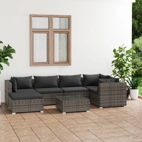 vidaXL Loungeset - 7-delig - Poly Rattan - Grijs Tuinstoel - Tuinset ...