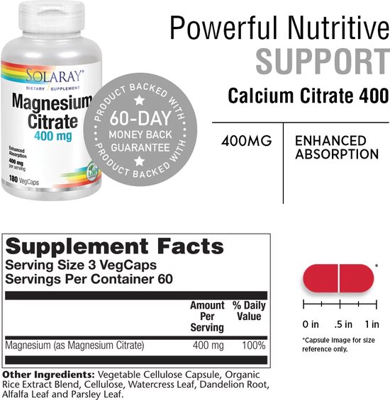 Solaray - Magnesium Citraat - Magnesium Citrate 400 mg - 180 vegan ...