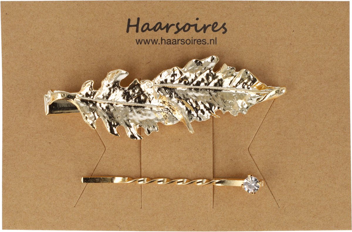 Haarspeld Duckklem + Schuifspeldje Bladeren Strass Steentje Goud 2 ...