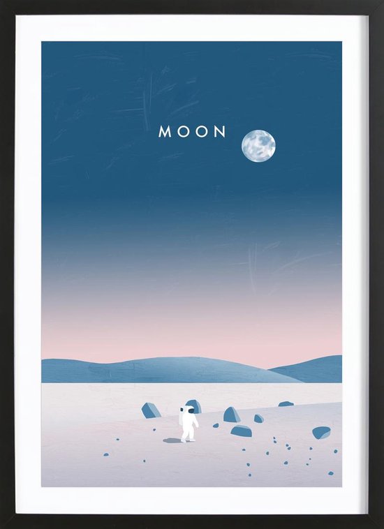 JUNIQE - Poster in premium houten lijst Moon -60x90 /Blauw & Roze | bol