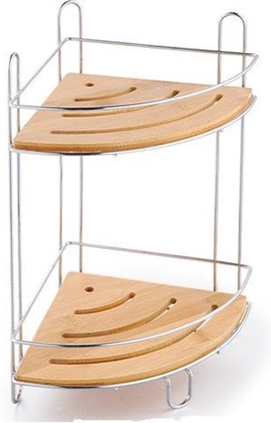 Badkamer/douche hoek plankjes staand rekje van chrome metaal en bamboe ...