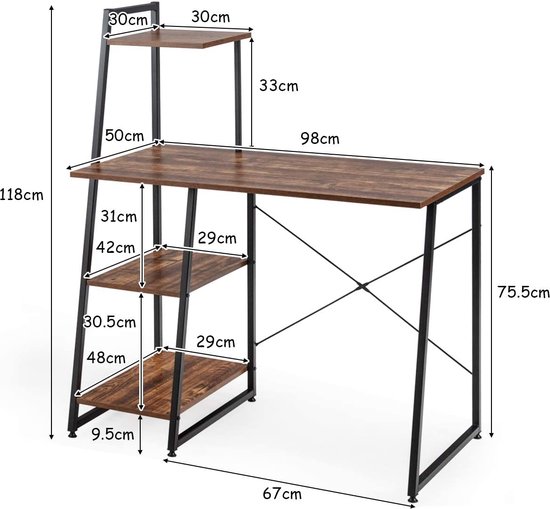 Computertafel met 4 planken, bureau hout & metaal, pc-tafel ...