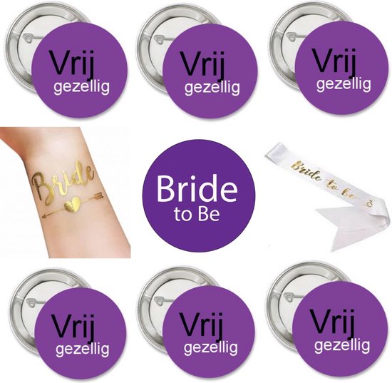 Vrijgezellenfeest set Vrijgezellig en Bride to Be paars wit goud met ...