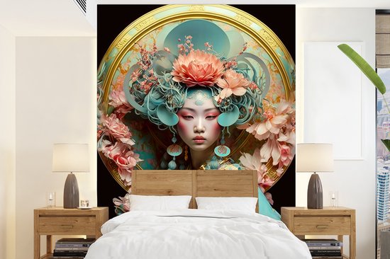 Behang - Fotobehang Vrouw - Bloemen - Roze - Portret - Aziatisch - Breedte 195 cm x... | bol