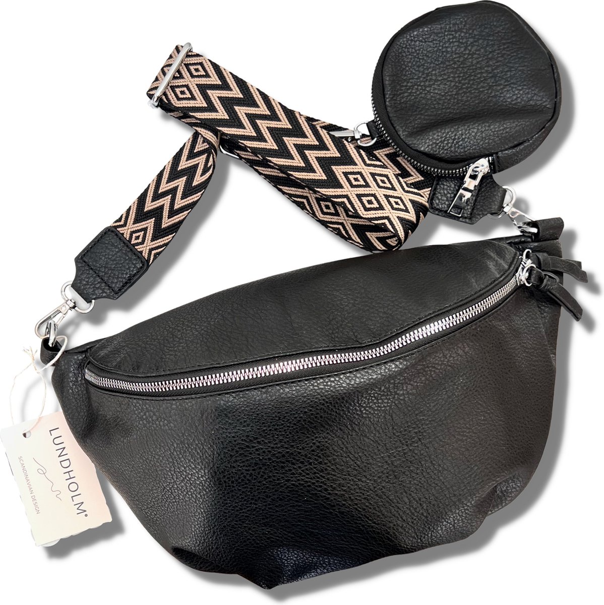 Lundholm heuptasje dames groot zwart met tassenriem beige zwart bag ...