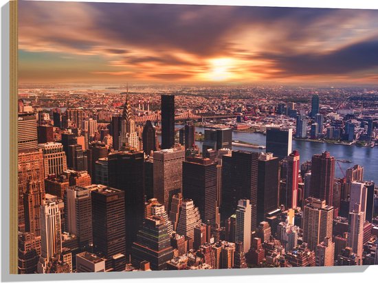 Hout - Skyline van een Stad met veel Hoge Gebouwen - 80x60 cm - 9 mm ...