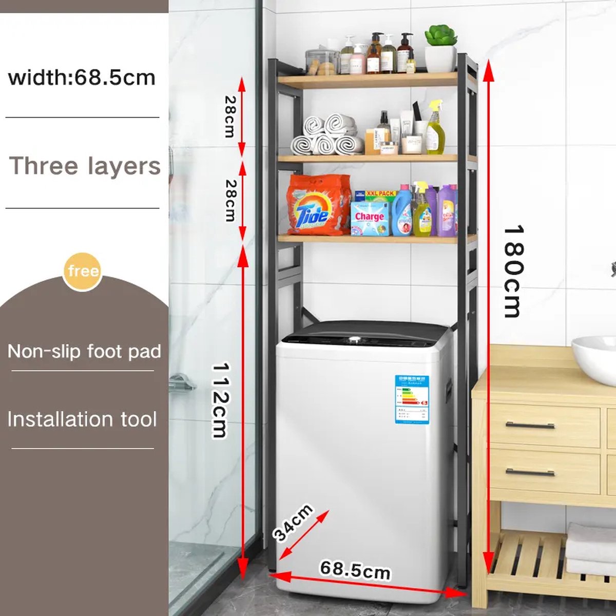 Badkamer rek - Wasmachine Rek - 3 laags - Robuust - Vocthbestendig - 69 ...