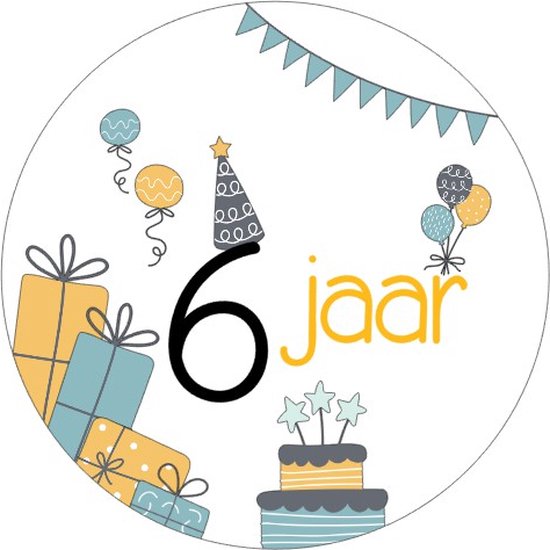 20x Sluitsticker 6 Jaar - Geel Blauw - 40 mm - Verjaardags sticker ...