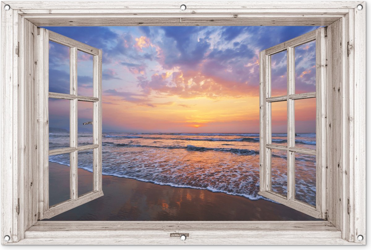 Tuinposter doorkijk - Strand - Zee - Zonsondergang - Raam ...