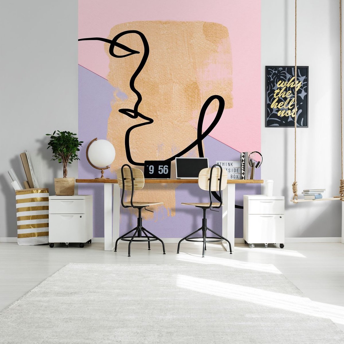 Fotobehang - Vlies Behang - Gezicht van een Vrouw Kunst - Line Art - 184 x 254 cm | bol.com