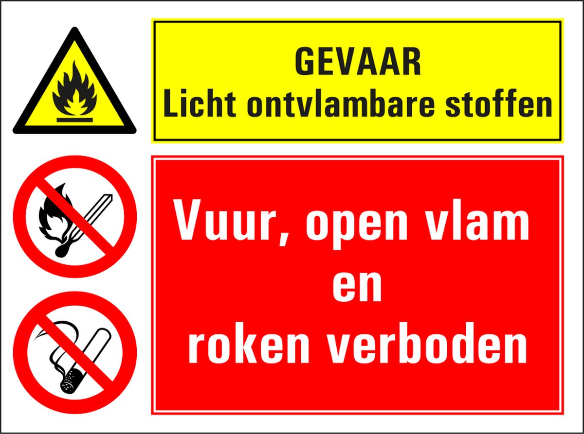 Licht ontvlambare stoffen, vuur open vlam en roken verboden sticker 280 ...