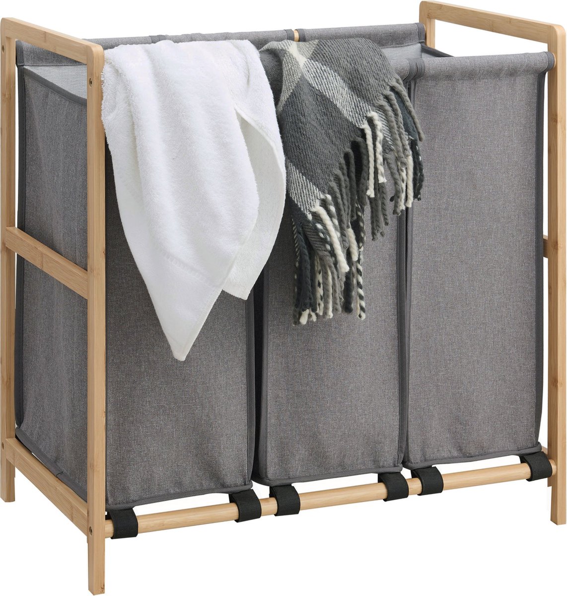 ACAZA Wasmand - Wassorteerder met 3 Vakken - Stof / Bamboe - Grijs ...