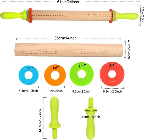 Beukenhout deegroller met handgreep, verstelbare deegroller met 4 ...