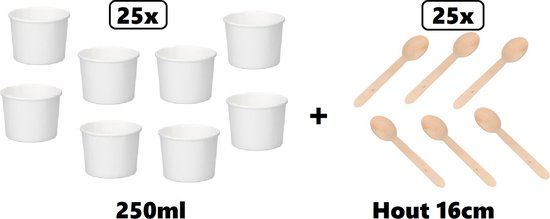 25x Soepbeker wit karton 250ml + 25x houten lepels - Soep salade beker ...