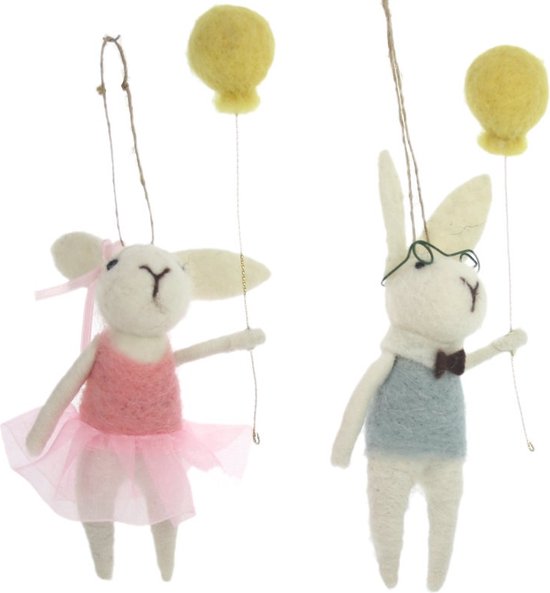 Set van konijn met ballon meisje/jongen vilt 7,5x3,5x18,5cm | bol