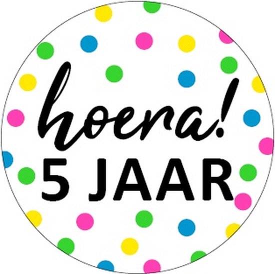 Sluitsticker Sticker – Hoera 5 jaar – Wit – Zwart - Neon Confetti ...