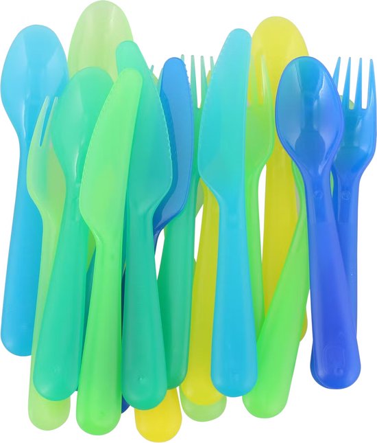 Superleuk gekleurd hard plastic bestek 18 delig Groen Blauw Geel tinten ...
