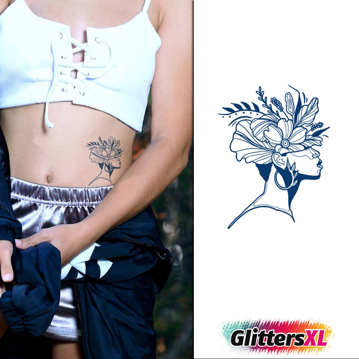 GlittersXL - Temporary Tattoo Vrouw Bloem (6x6 cm) [Semi-Permanente ...
